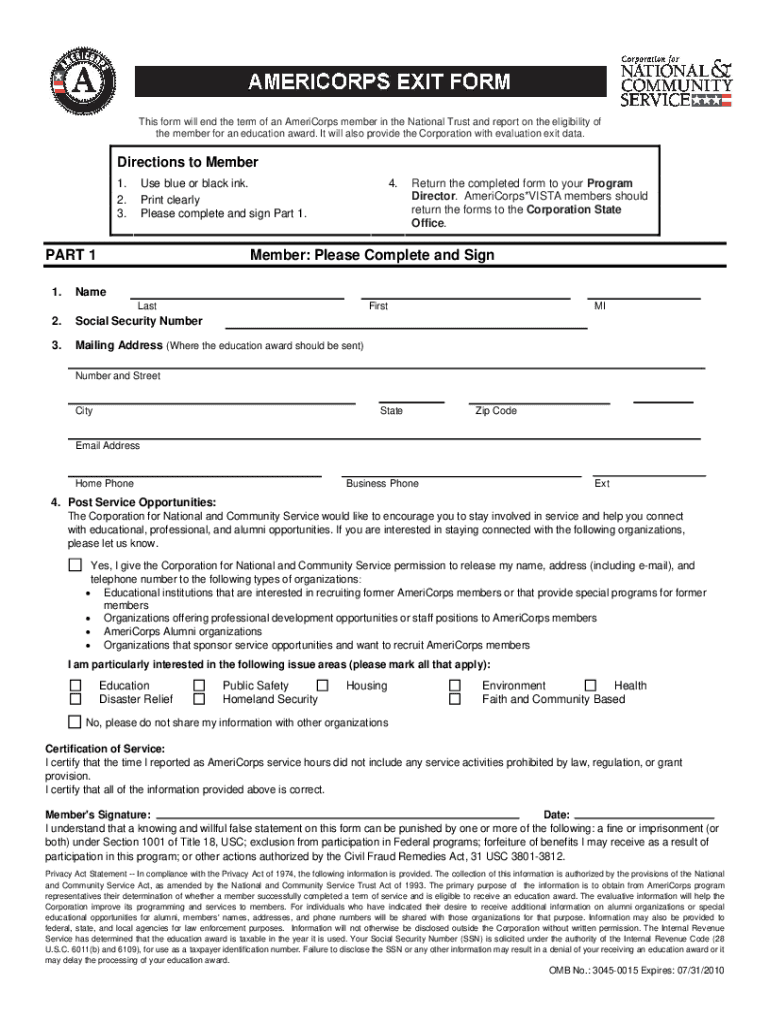 Fillable Online This form will end the term of an AmeriCorps member in the National Trust and ...