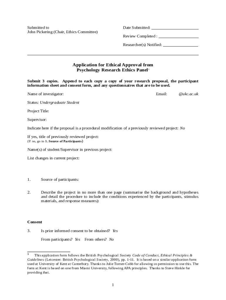 Application for Ethical Approval Doc Template | pdfFiller