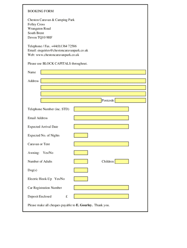 Fillable Online Cheston Caravan & Camping Park Fax Email Print - pdfFiller