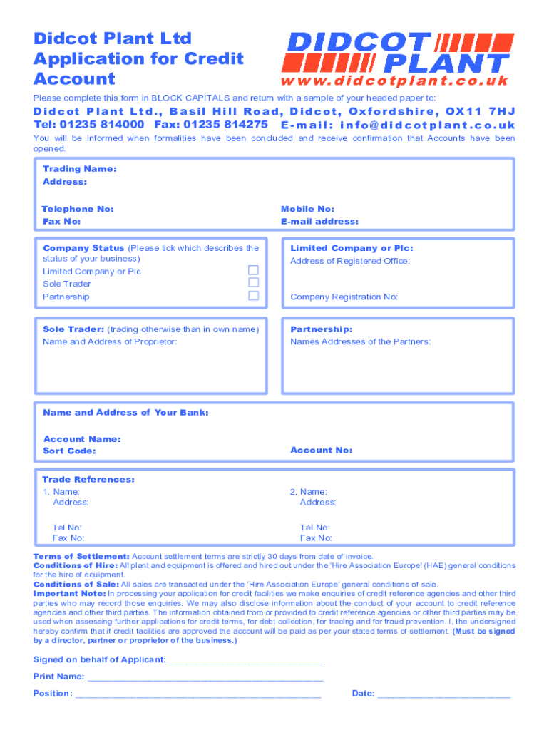 Fillable Online Didcot Plant: Plant and Tool Hire for Trade and DIY in ...