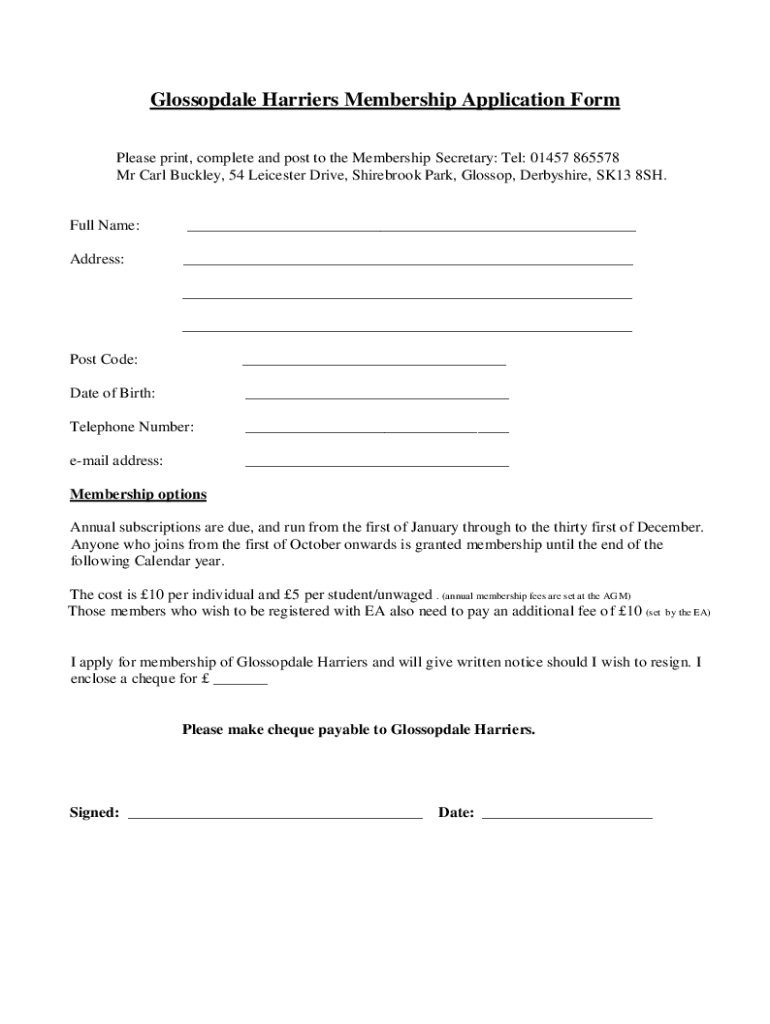 Fillable Online Glossopdale Harriers membership application form Fax ...