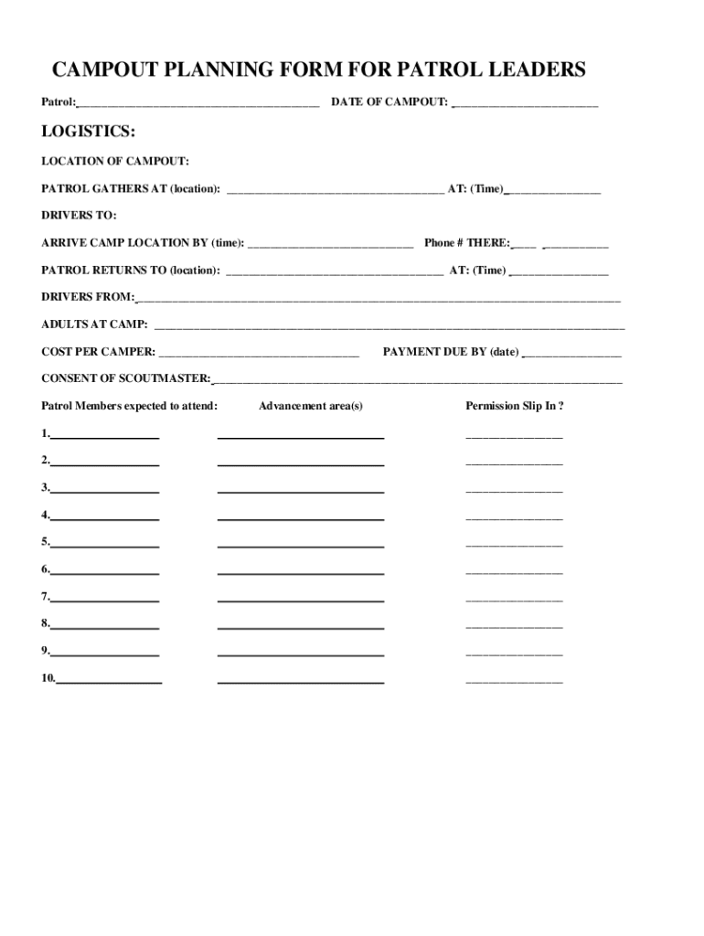 Scout Camp Planning Template - Fill Online, Printable, Fillable, Blank ...