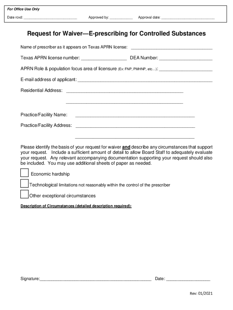 Fillable Online Texas Board of Nursing E-Prescribing Waiver Application ...