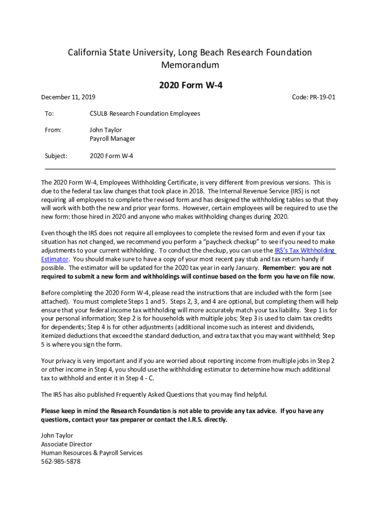 Fillable Online 2020 Form W-4. 2019 CSULB Research Foundation 2020 Form W-4 Fax Email Print ...