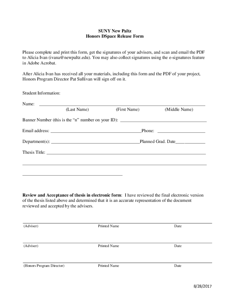 Fillable Online SUNY New Paltz Honors DSpace Release Form Please ... Fax Email Print - pdfFiller