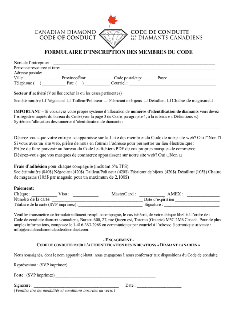 Remplissable En Ligne FORMULAIRE DINSCRIPTION DES MEMBRES DU CODE Fax ...