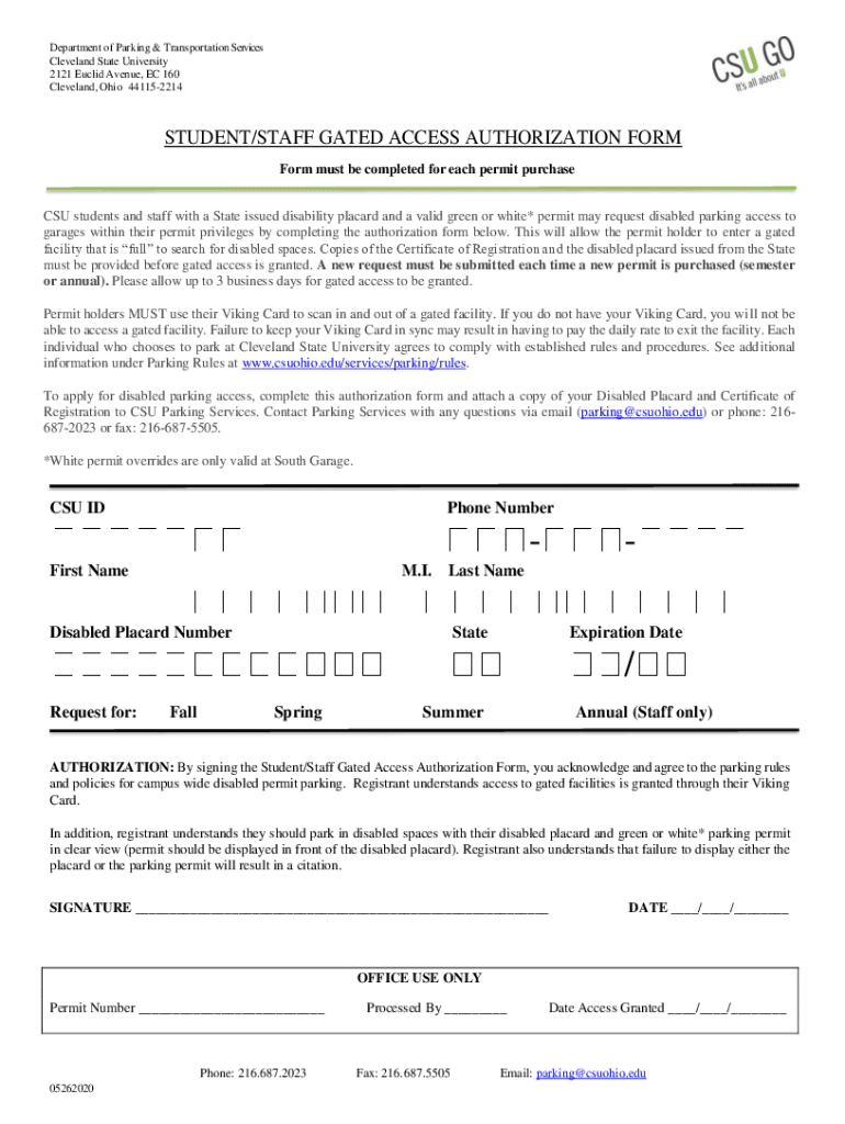 Fillable Online STUDENT/STAFF GATED ACCESS AUTHORIZATION FORM Fax Email ...