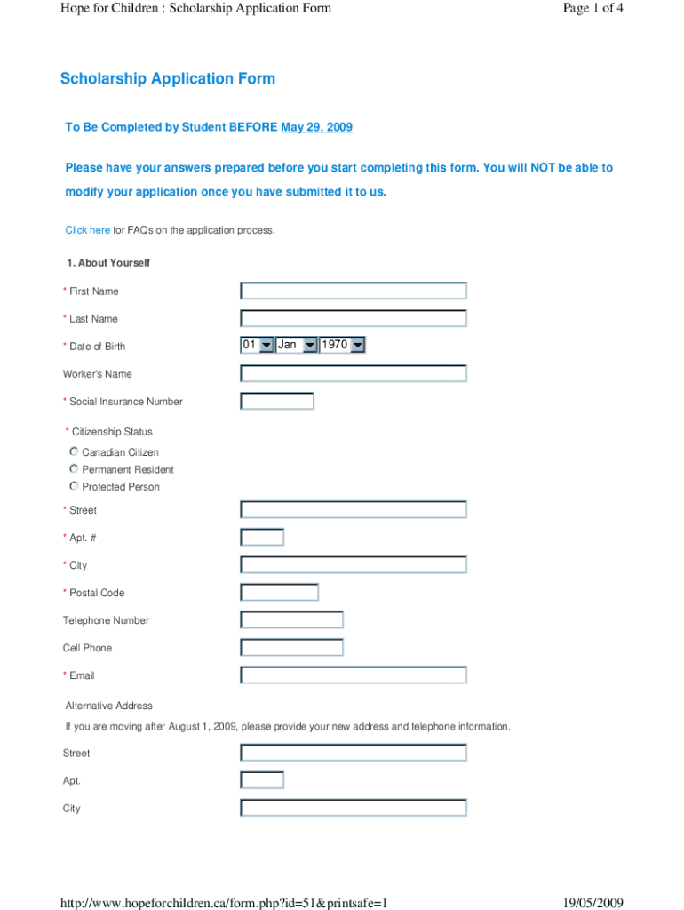 Fillable Online Hope for Children : Scholarship Application Form Fax ...