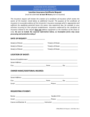 Fillable Online Location Insurance Certificate Request DATE OF REQUEST ...