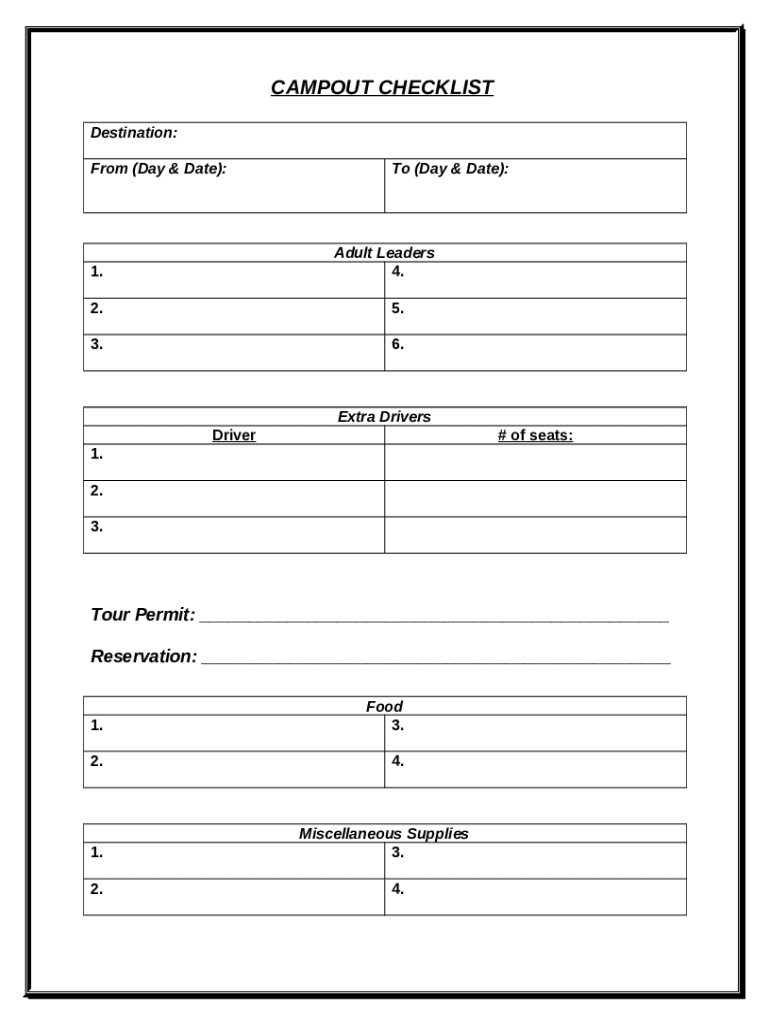 CAMPOUT CHECKLIST Doc Template | pdfFiller