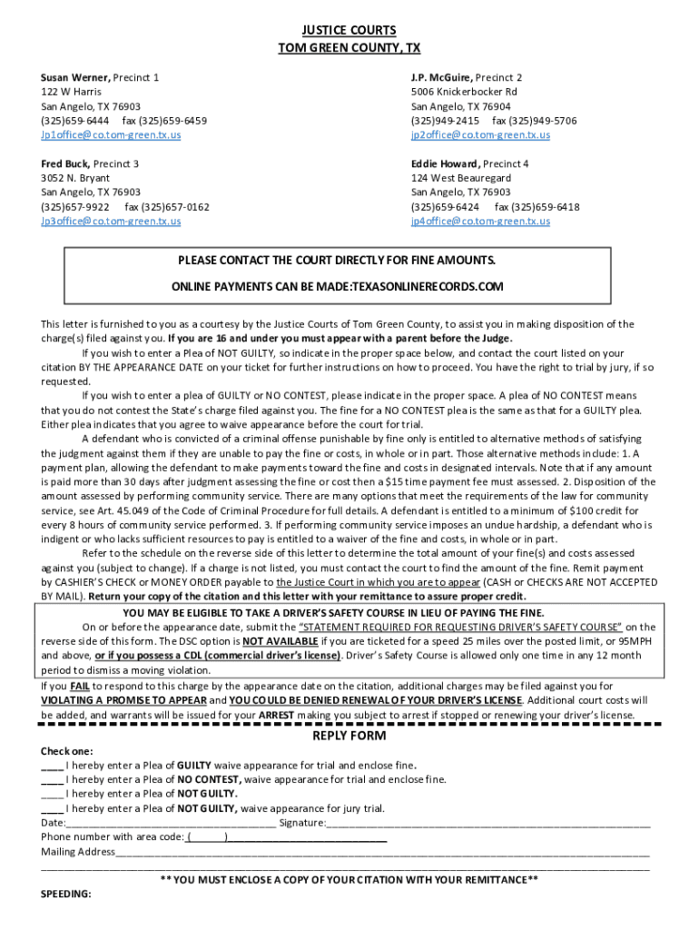 Fillable Online JUSTICE COURTS TOM GREEN COUNTY, TX REPLY FORM Fax ...
