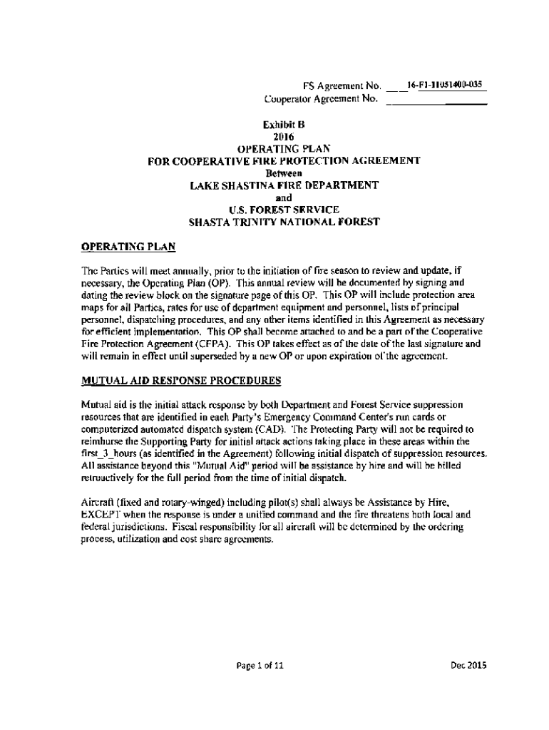 Fillable Online OPERATING PLAN FOR COOPERATIVE FIRE PROTECTION ...