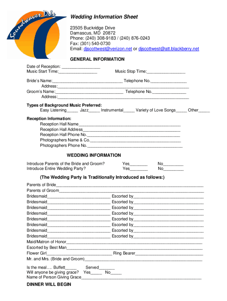 Fillable Online WeddingInformation Sheet Fax Email Print - pdfFiller
