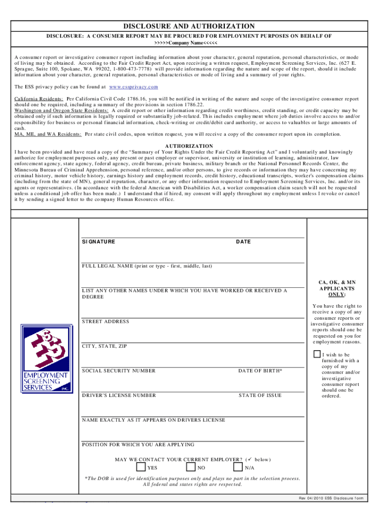 Fillable Online ESS10 Disclosure and Authorizaton New OR wording w FCRA ...