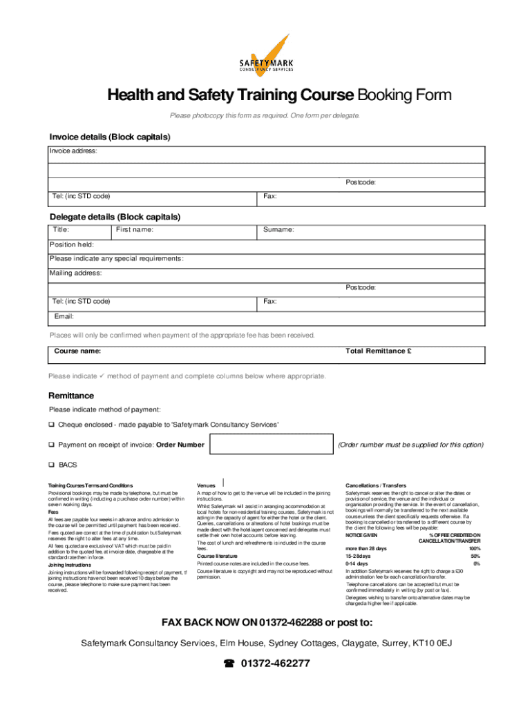 Fillable Online Health and Safety Training Course Booking Form Fax ...