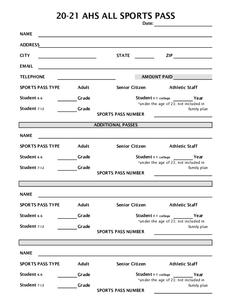 Fillable Online 2020-2021 All Sports Pass Purchase Form Fax Email Print ...