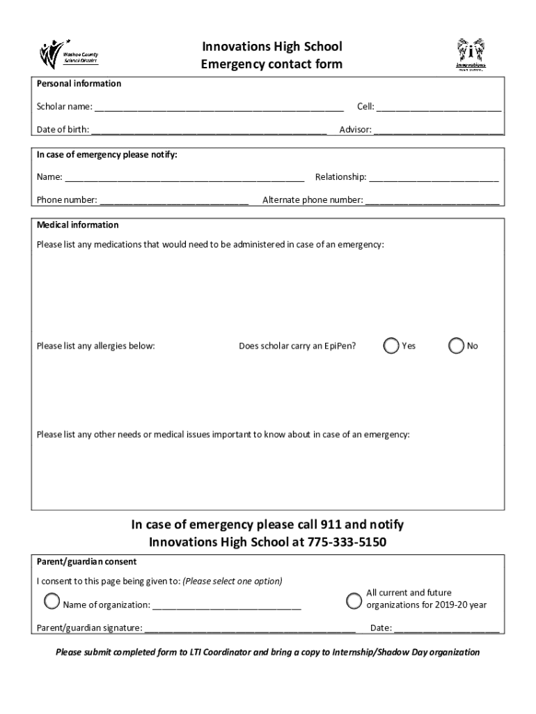 Fillable Online Innovations High School Emergency contact form In case ...