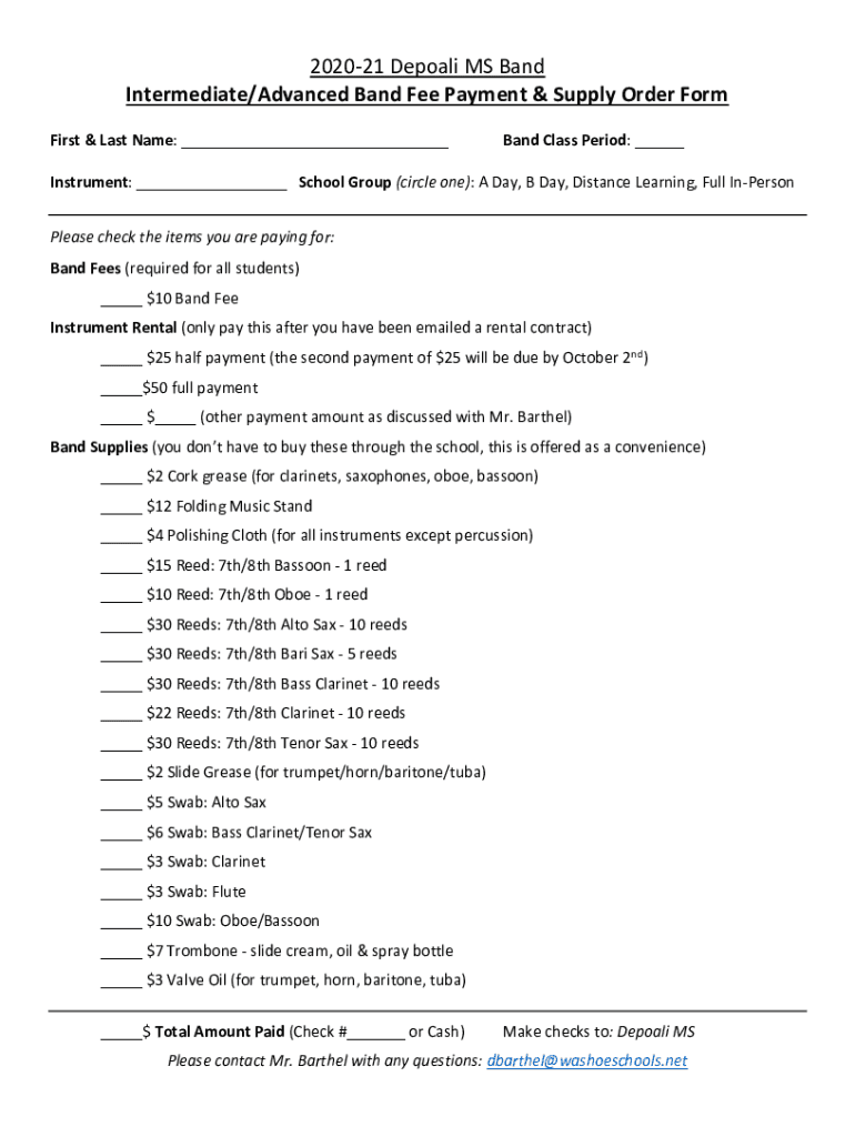 Fillable Online Intermediate/Advanced Band Fee & Supply Order Form Fax ...