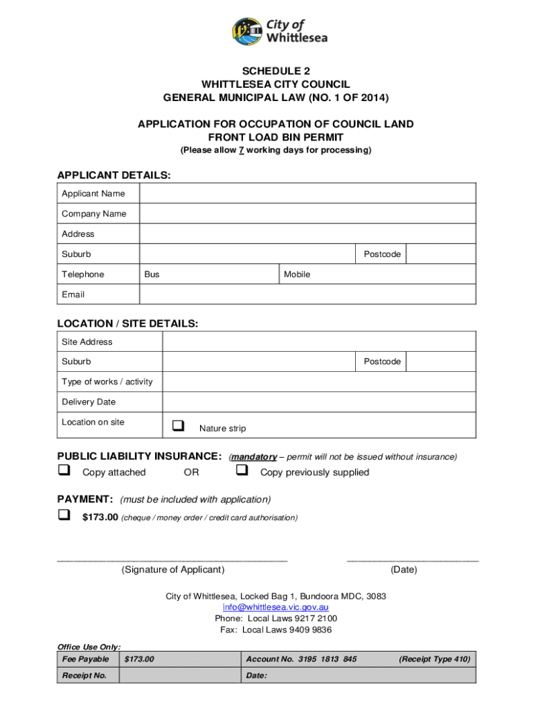 Fillable Online Front Load Bin Application Form - City of Whittlesea ...