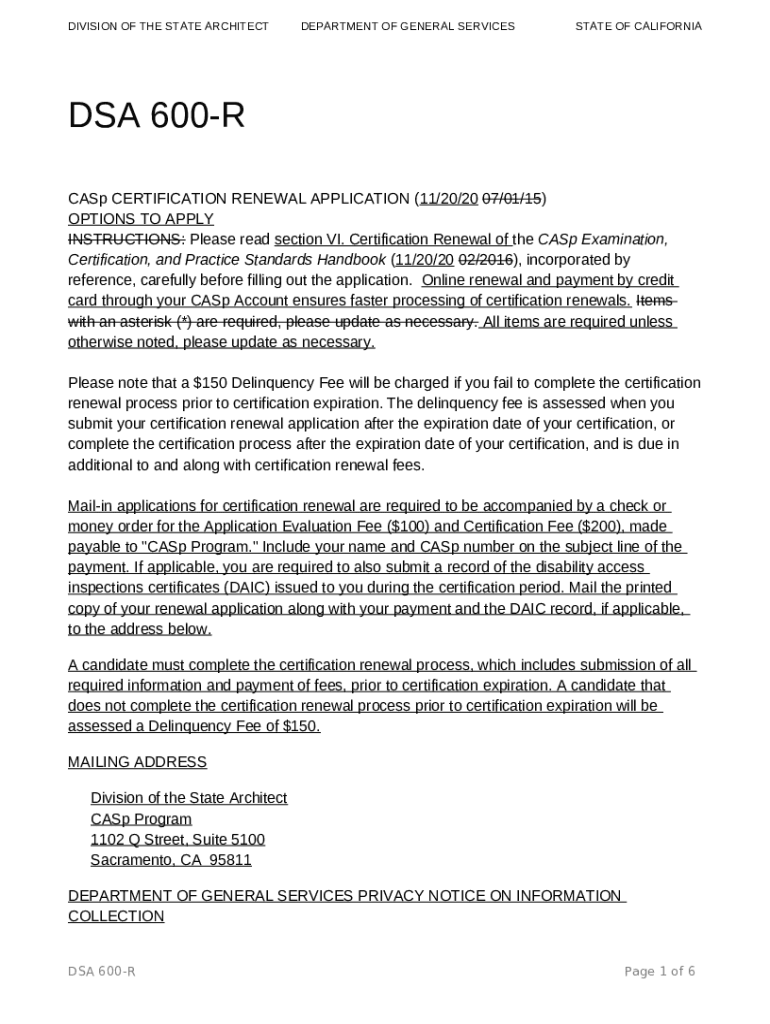 DSA 600-R: CASp CERTIFICATION RENEWAL Doc Template | pdfFiller