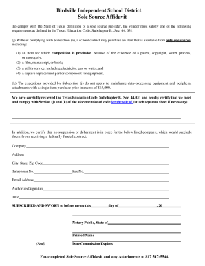 Fillable Online sole source affidavit 2 - Birdville ISD / Overview Fax Email Print - pdfFiller