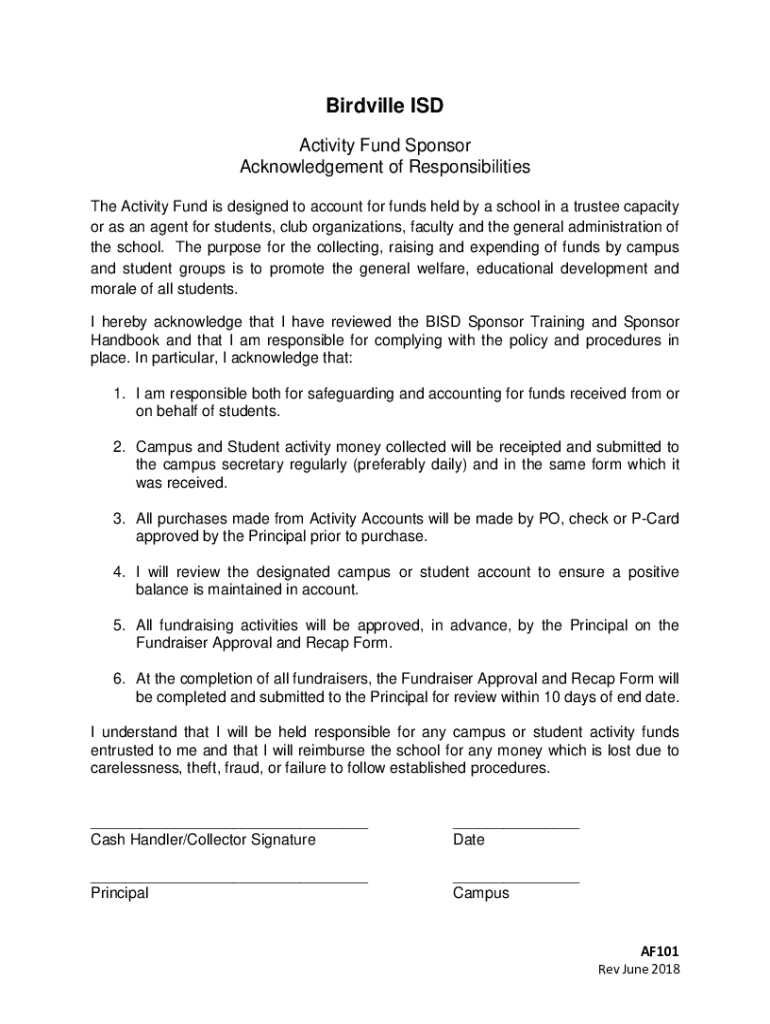 Fillable Online AF101 Activity Fund Sponsor Acknowledgement Form Fax ...