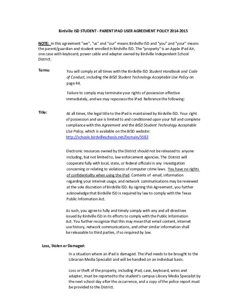 Fillable Online Birdville ISD STUDENT - PARENT IPAD USER AGREEMENT ...
