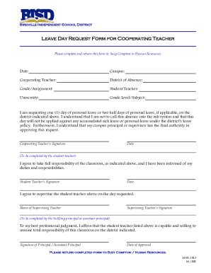 Fillable Online Leave Day Request Form for Cooperating Teacher Fax ...