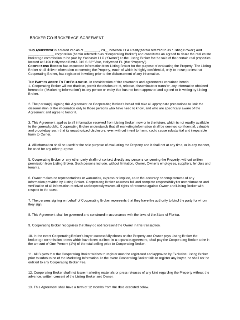 BROKER CO-BROKERAGE AGREEMENT Doc Template | pdfFiller