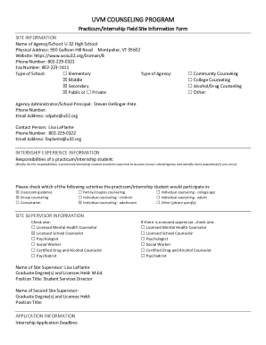 Fillable Online UVM Counseling Program - Practicum/Internship Field ...