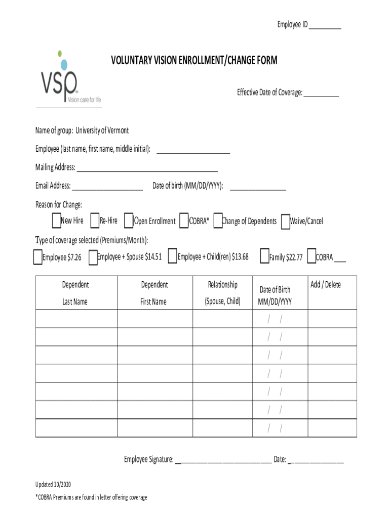 Fillable Online Vision Enrollment/Change Form (PDF) - University of ...