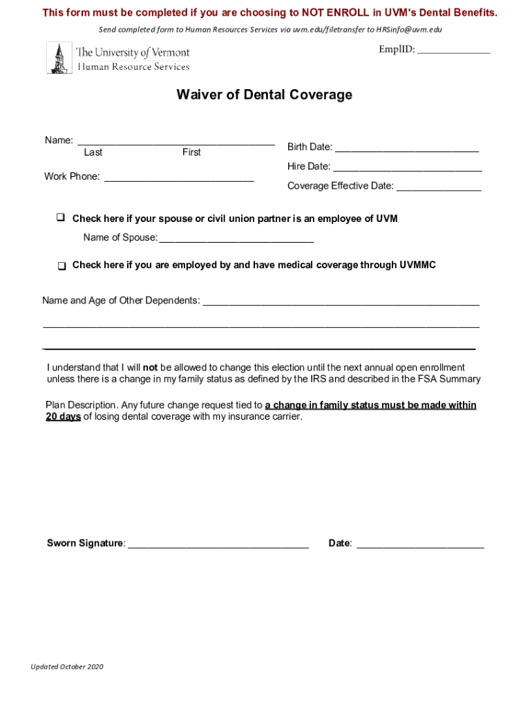 Fillable Online Waiver of Dental Coverage (PDF) Fax Email Print - pdfFiller