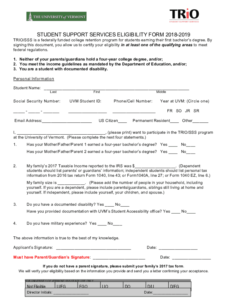 Fillable Online student support services eligibility form 2018-2019 ...