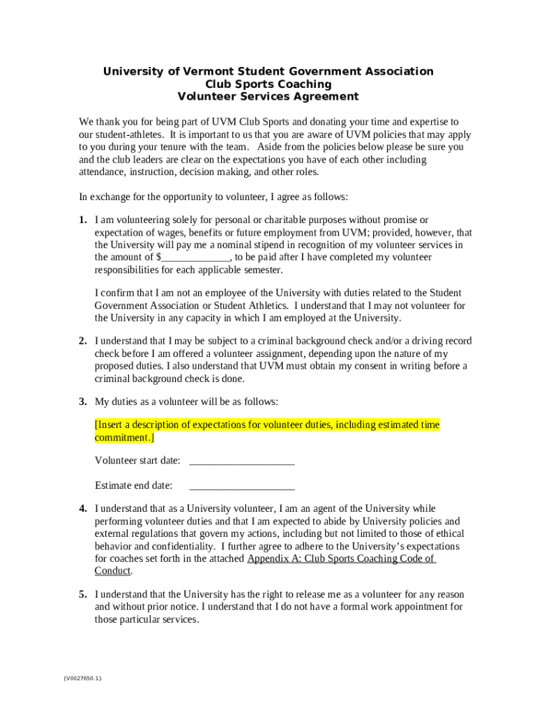 2019-2020 Volunteer Coach Agreement (V0027650.DOCX;1) Doc Template ...