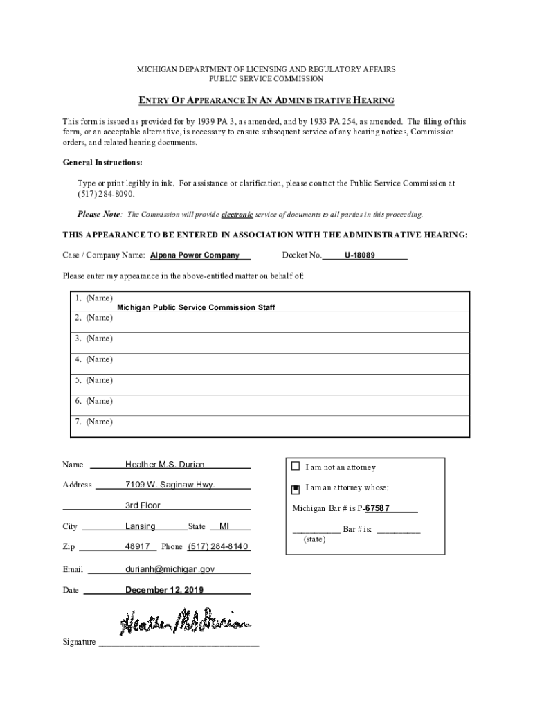 Fillable Online ENTRY OF APPEARANCE IN AN ADMINISTRATIVE HEARING ...