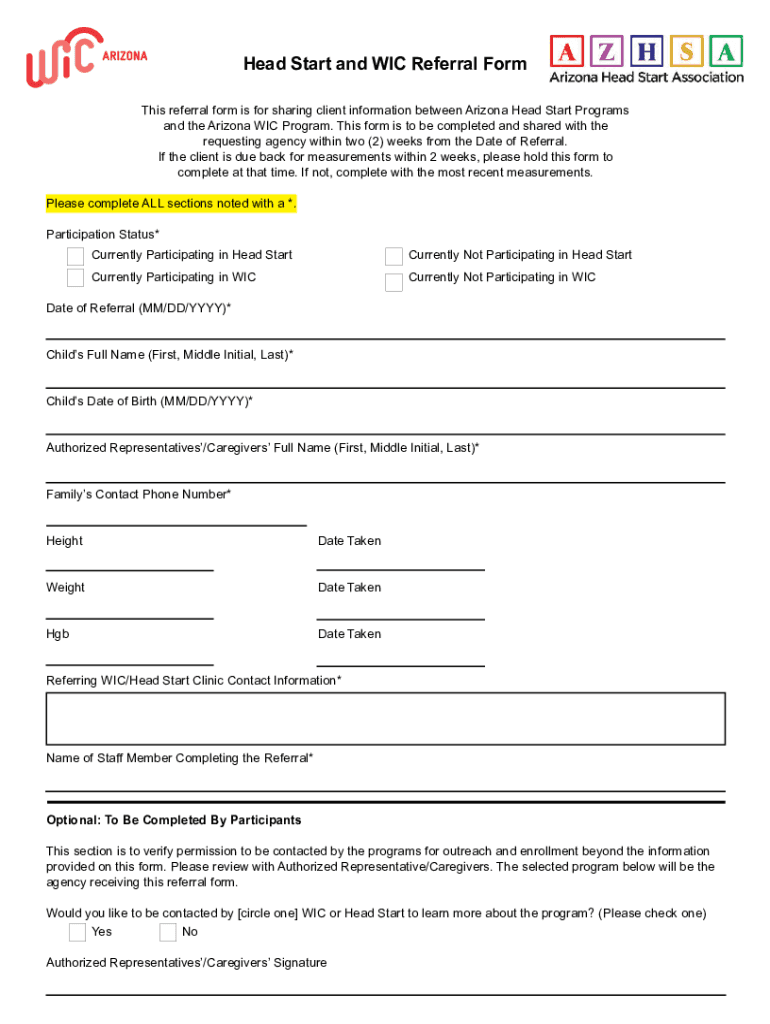 Fillable Online Head Start and WIC - Arizona Department of Health ...