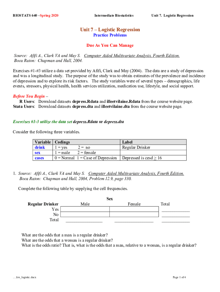 Fillable Online People Umass Unit 7Logistic Regression Practice
