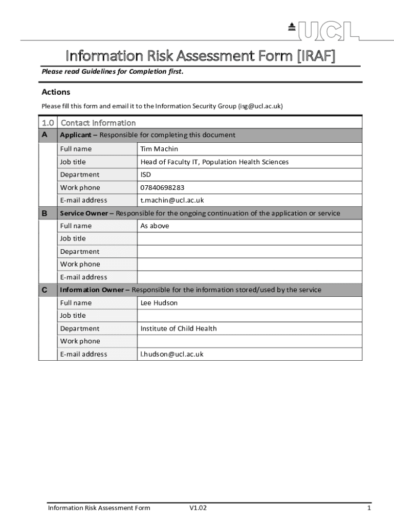 Fillable Online Information Risk Assessment Form IRAF - UCL Fax Email ...