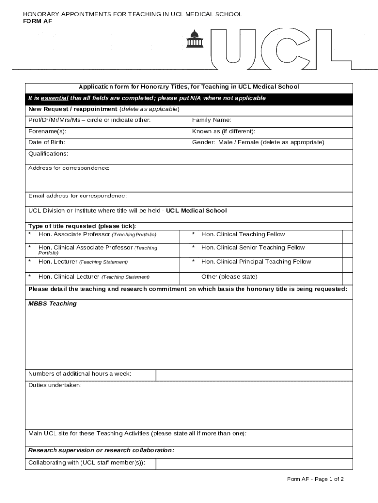 Application for Honorary Titles for Teaching - UCL Doc Template | pdfFiller