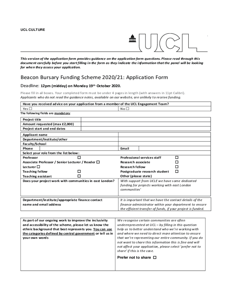 Fillable Online Beacon Bursary Funding Scheme 2020/21: Application Form ...