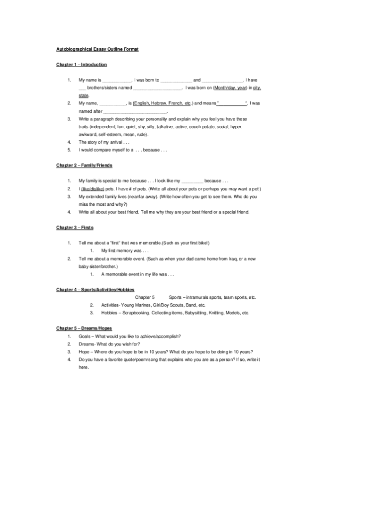 Fillable Online Autobiography Outline SamplePDF Template. Autobiography ...