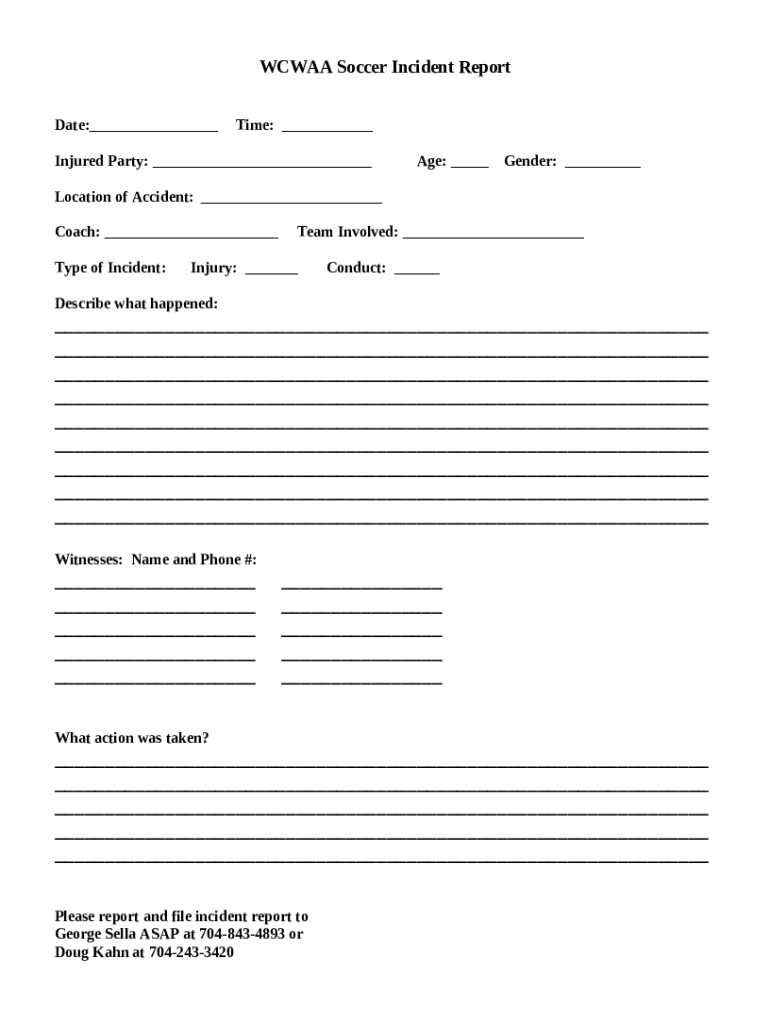 WCWAA Soccer Incident Report Doc Template | pdfFiller