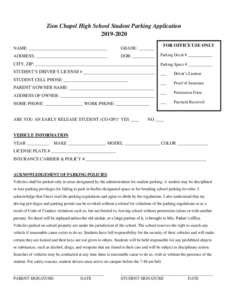 Fillable Online images pcmac Zion Chapel High School Student Parking ...