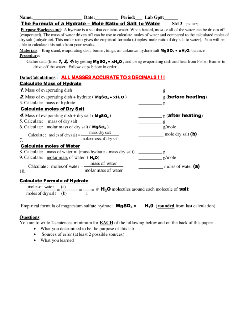 Fillable Online The Formula of a Hydrate -Mole Ratio of Salt to Water ...