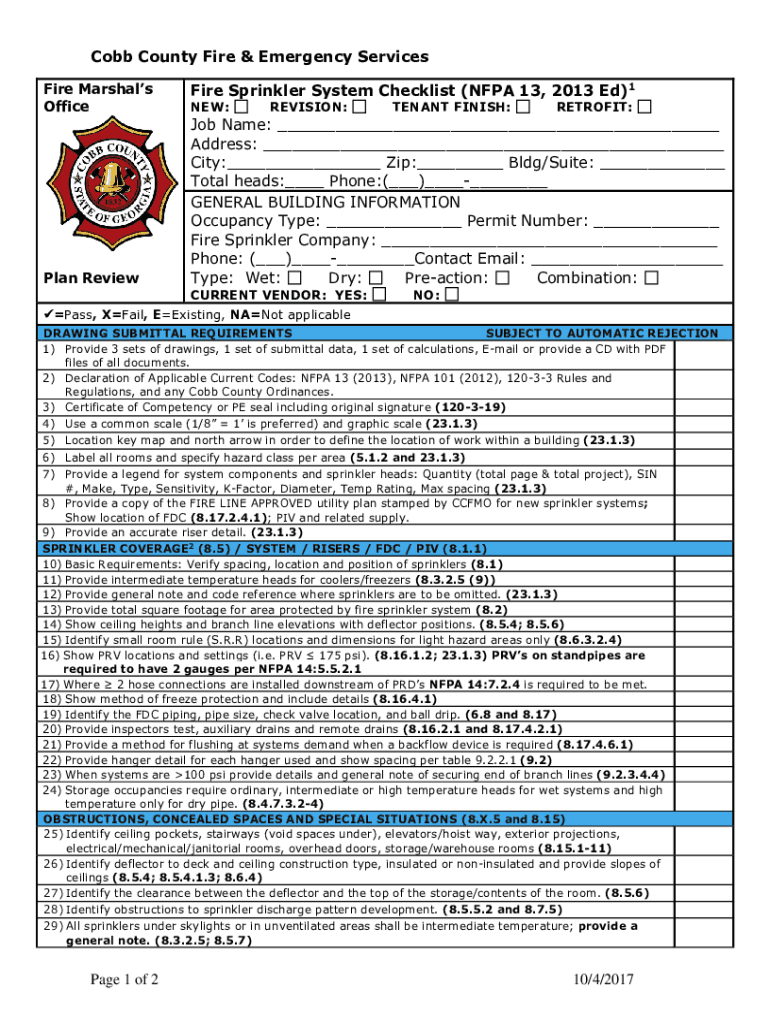 Fillable Online NFPA 13/13R Fire Sprinkler Plan Review Checklist Fax ...