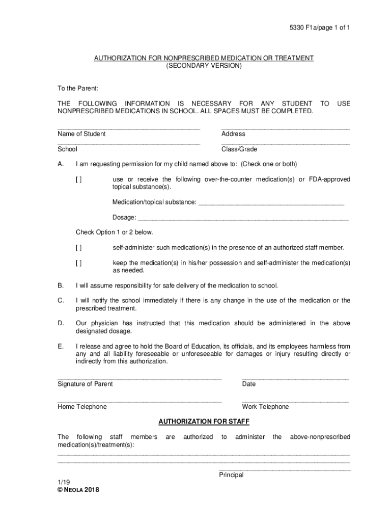 Fillable Online Authorization for Non-prescribed Medication/Treatment ...