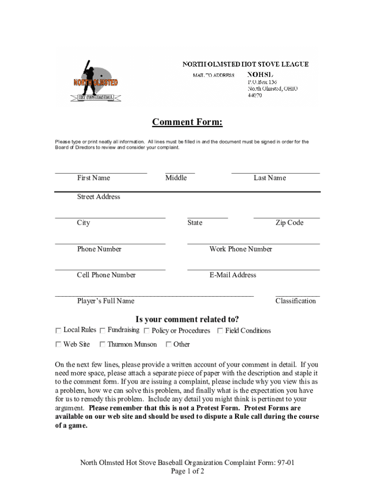 Fillable Online comment form 97-011609.doc Fax Email Print - pdfFiller