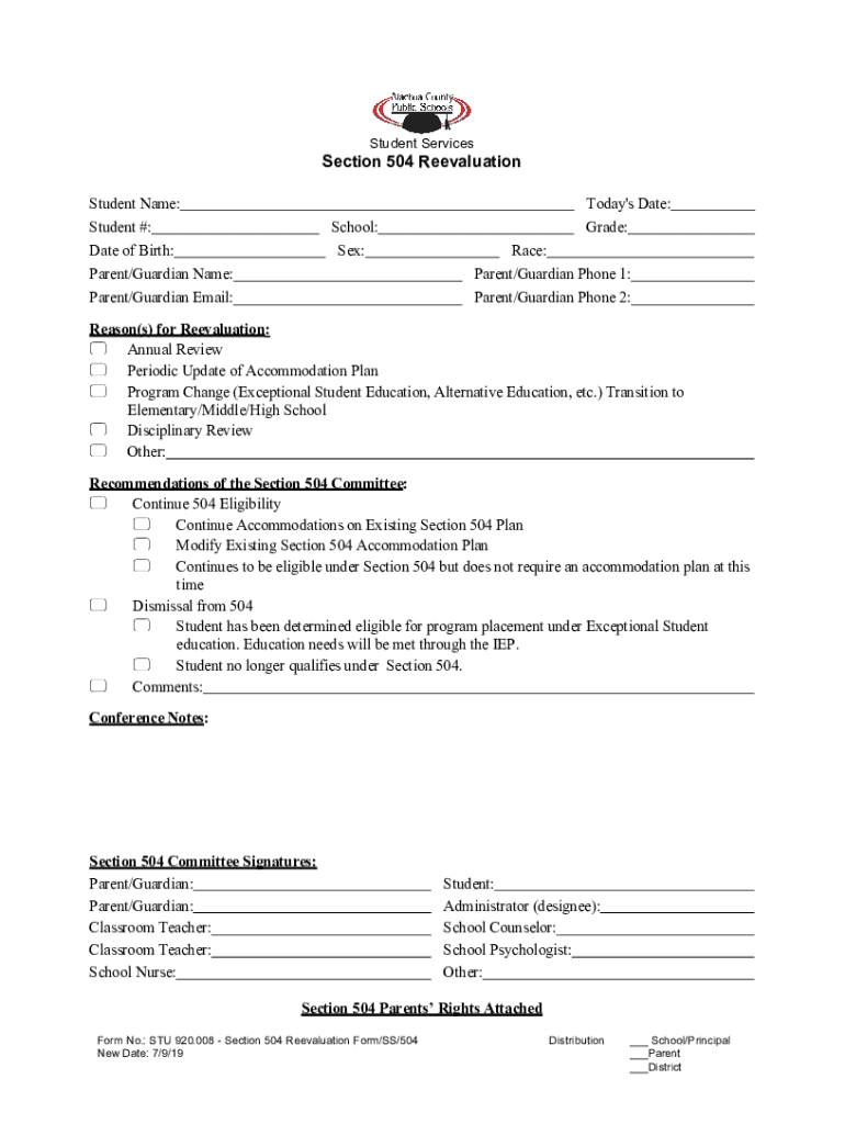 Fillable Online Section 504 Reevaluation Form Fax Email Print - pdfFiller