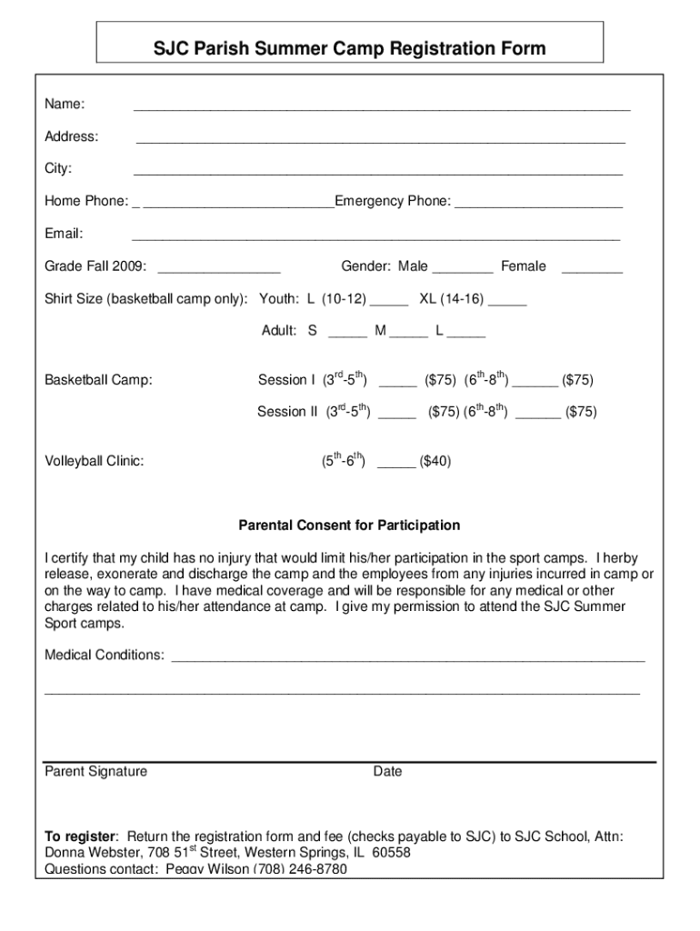 Fillable Online SJC Parish Summer Camp Registration Form Fax Email ...