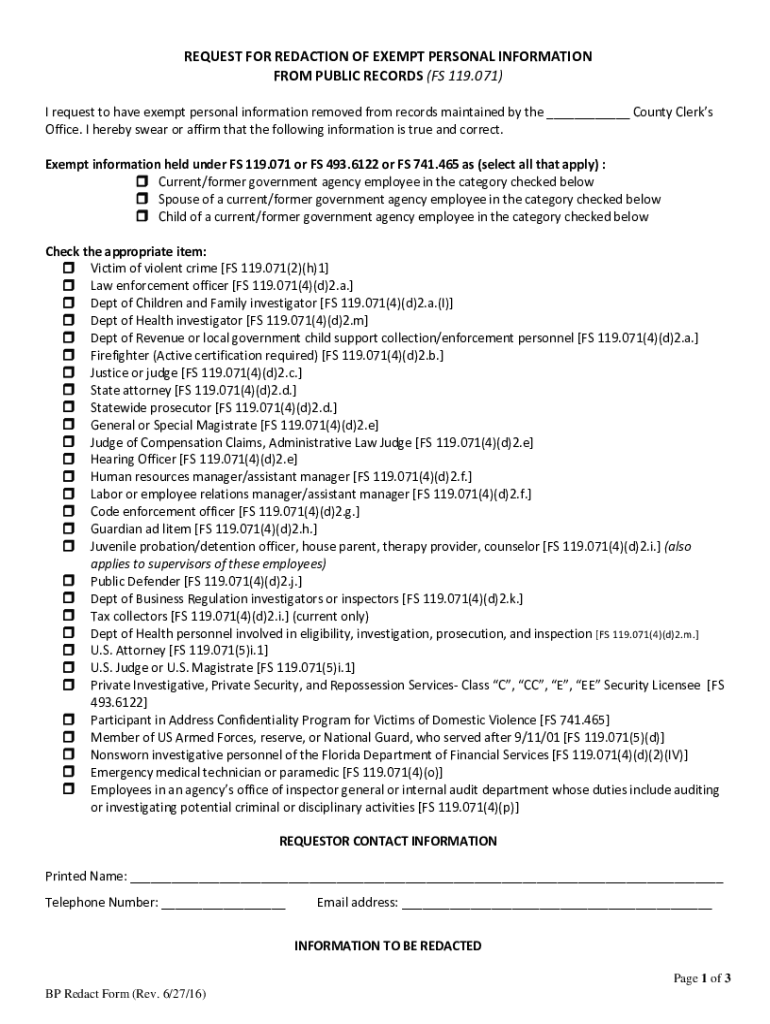 Fillable Online Fillable Form 119.: REQUEST FOR REDACTION OF EXEMPT ...